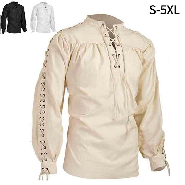 Medieval Vintage Bandage Rope Long Sleeved Shirt Men Casual Party Shirt ...