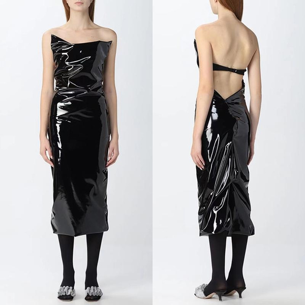 Women Sleeveless Shiny Patent Leather Midi Dress Faux Latex Backless ...