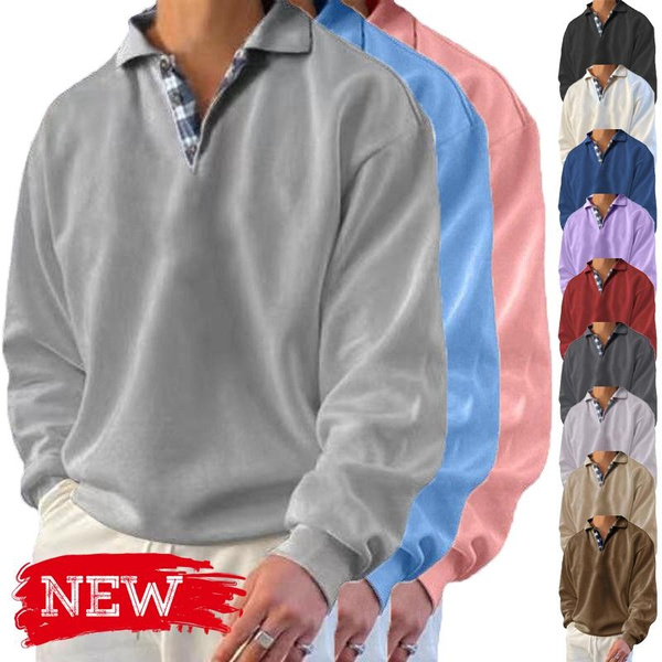 Men's Clothing Basic Button-Down V-Neck Jumper Shirts Casual Soft and ...