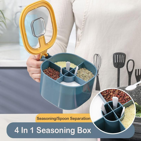 4 In 1 Seasoning Box with Spoon Spice Jar Multi-compartment Salt Pepper ...