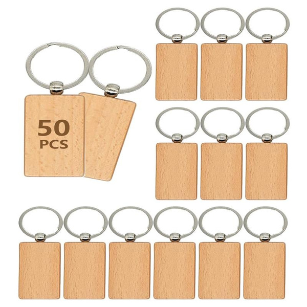 50Pcs Wooden Keychain Blanks Rectangle Unfinished Wood Key Ring Tag for ...