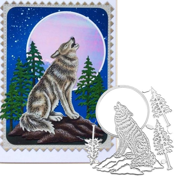 Howling Moon Sky Wolf Design Style Metal Cutting Die Stencil for DIY ...