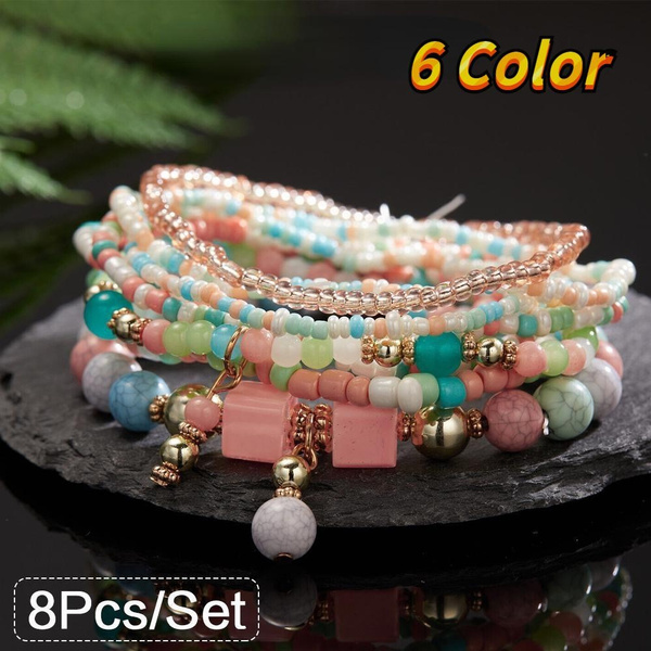 8Pcs/Set Bohemian Stackable Beaded Multilayer Bracelets Multicolor ...
