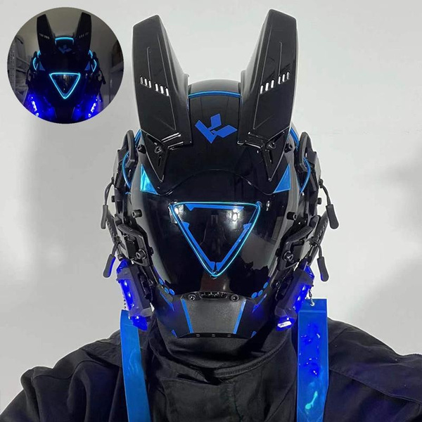Cyberpunk Blue Triangle Light Mask Makeup Music Festival LED Luminous ...