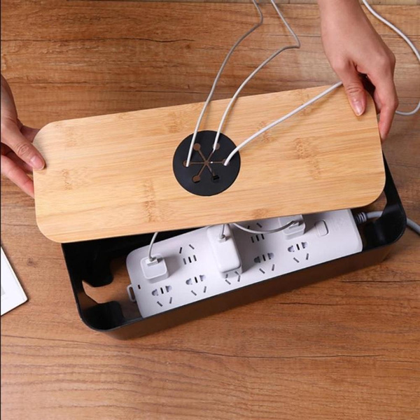 NEW Wooden Cable Storage Box Power Line Storage Case Dustproof Charger ...
