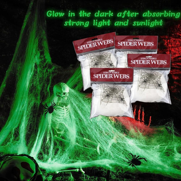4 Packs Glow In The Dark Spider Web White Stretch Halloween Fake Spider ...
