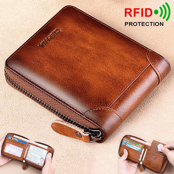 Genuine Leather Wallet for Men RFID Blocking Bifold Zipper Wallets Top ...