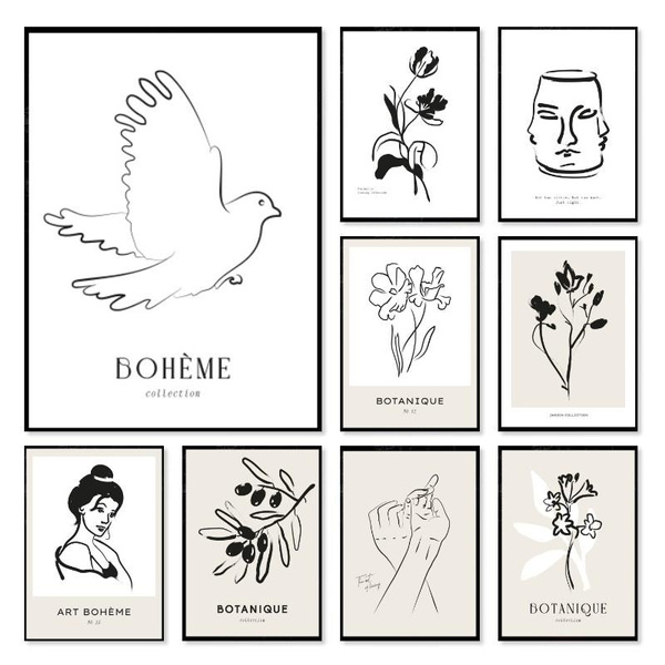 Abstract Line Dove Flower Posters Leaf Black Beige Canvas Paintings ...
