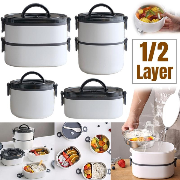 1/2 Layer Stainless Steel Lunch Box Spoon Dinnerware Bento Box Circular ...