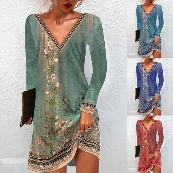 Womens Casual Autumn Dresses Plus Size Fashion Clothes Women Long