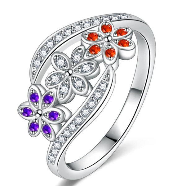 White Purple Red Flower Ring 925 Sterling Silver Forefinger Ring Temperament Six Petal Blooming ...