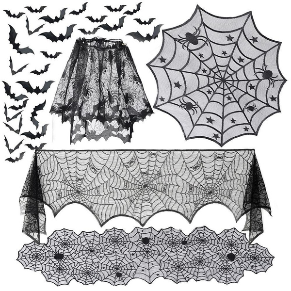 Halloween Bat Table Runner Black Spider Web Lace Tablecloth Fireplace ...