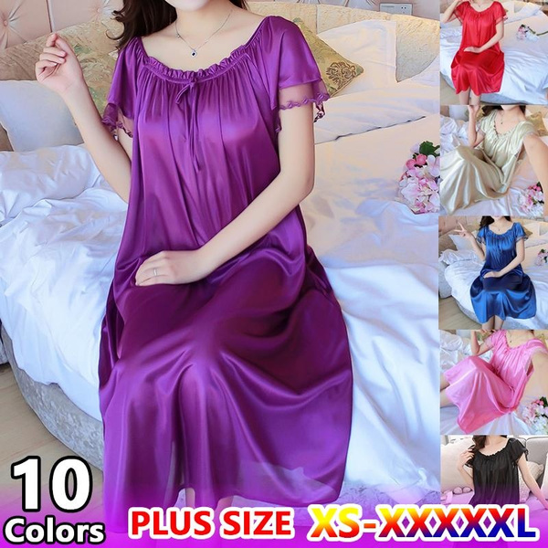 New Women Pajamas Dress Lace Satin Short Sleeve Long Nightly Dress ...