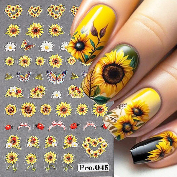 Yellow Sunflowers Nail Art Stickers Floral Butterfly Bee Ladybug Self ...