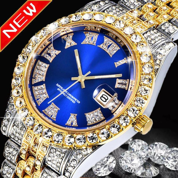 1PC Full Bling Gold Large Diamond Watch For Men ICED-Out Hip Hop Mens ...
