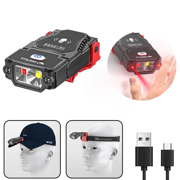 LED Sensor Headlamp Hat Clip Cap Light Fishing Headlight USB ...