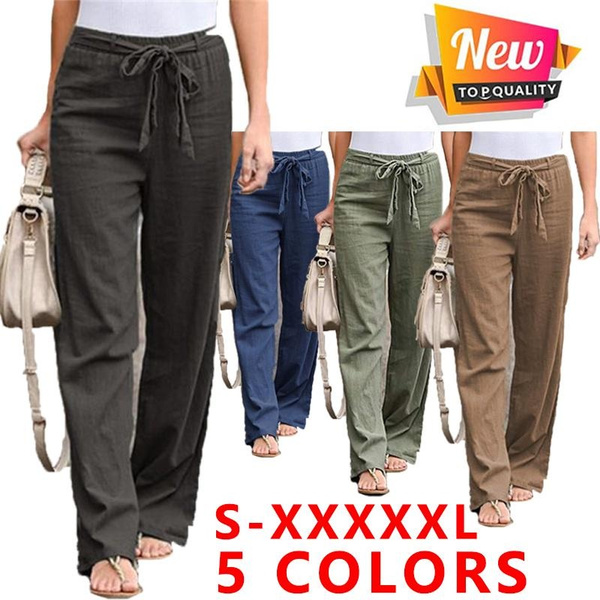 Women Solid Color Cotton Linen Elastic High Waist Trousers Casual ...