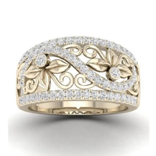 Trendy Bridal Wedding Band Rings Gold Plated Filigree Hollow Diamond ...