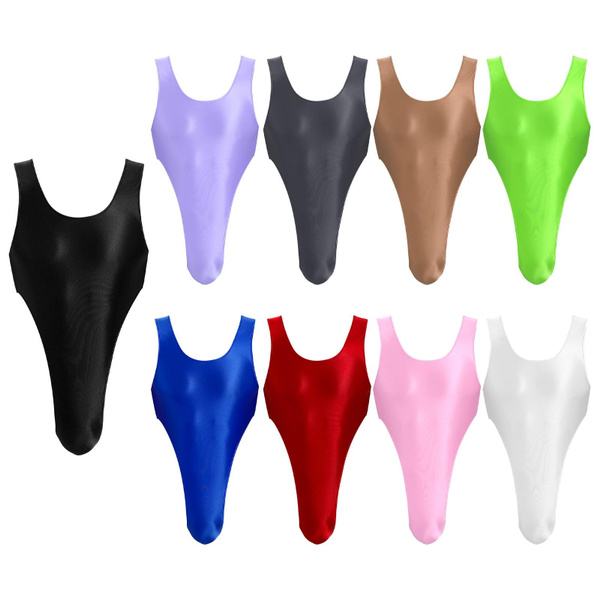 Mens One Piece Mankini Bodysuit High Cut Thongs Leotard Glossy Bikini