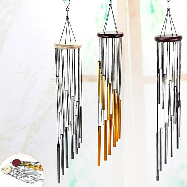 12 Tubes Metal Solid Wood Rotating Wind Chime With S Hook Musical ...