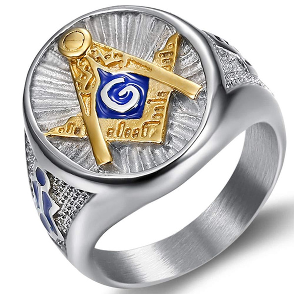 Stainless Steel Blue Gold Two Tone Masonic Master Mason Ring | Wish
