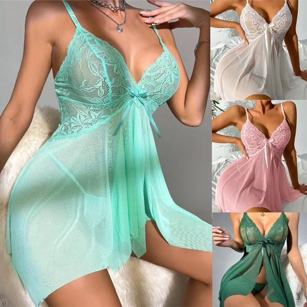 Sleepwear Deep-V Night Dress Women Sleeping Nightgown Lace Nightie Lingerie Sleeveless Mini ...