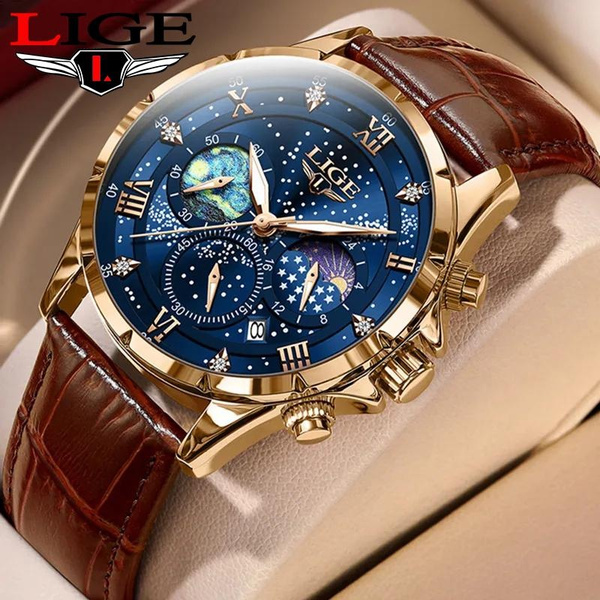 New LIGE Watches Mens Top Brand Luxury Casual Leather Quartz Men's ...