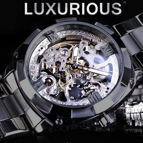 Forsining Black Men's Luxury Skeleton Watch Retro Design, Carving ...