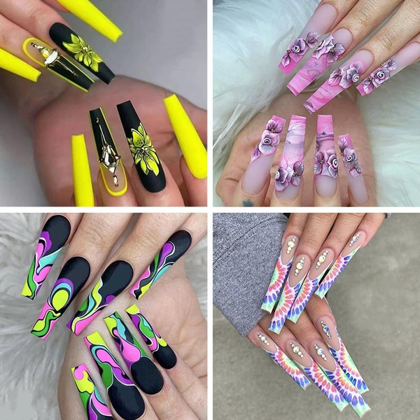 3D Long Fake Nails Pink Purple Rose Flowers Designs False Nails Rainbow ...