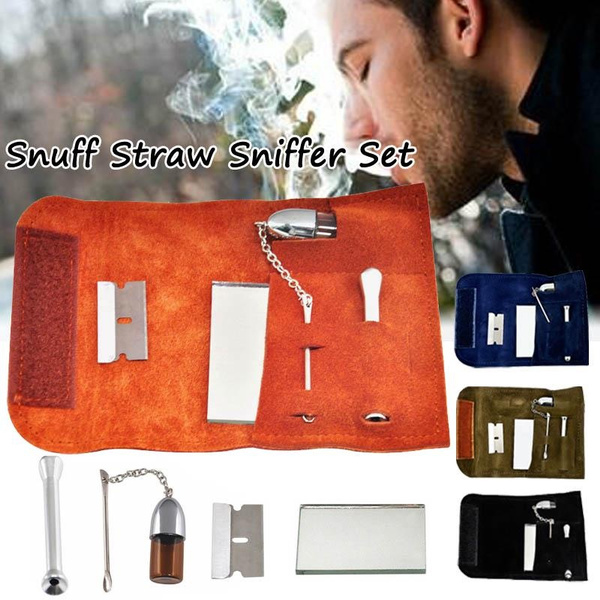 5pcs Leather Tobacco Pouch Bag+Snuff Snorter Tool Snuff Straw Sniffer ...