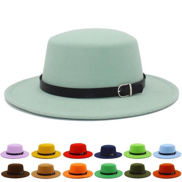 Fedora Hats Black Leather Belt Hat Round Flat Top Adult Jazz Hats Felt ...