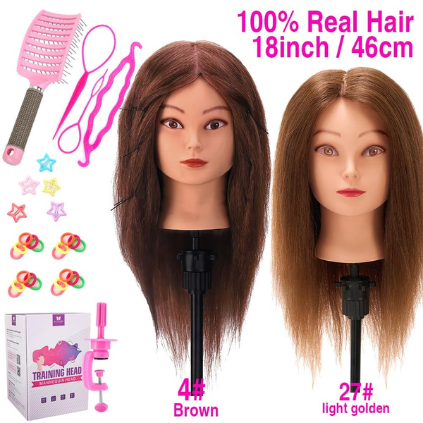 100% Real Human Hair Salon Mannequin Heads 18inch 46cm Hairdress ...