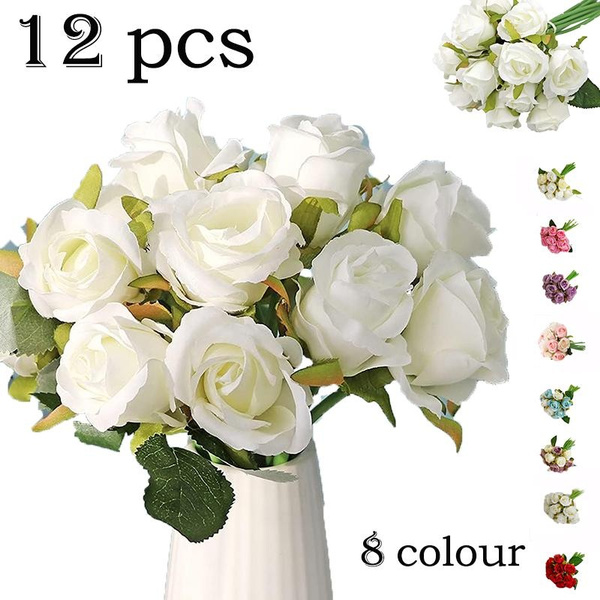 12 Heads Artificial Rose Flowers Faux Silk Rose Flower with Leaves and ...