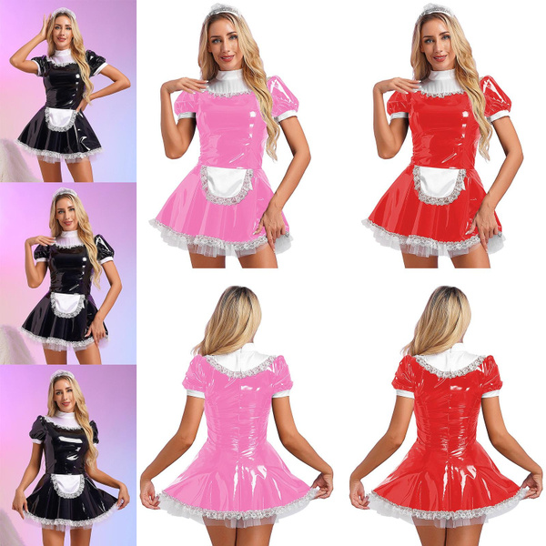 Womens Glossy Patent Leather Maid Dress with Lace Headband Ruffles Lace ...