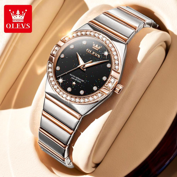 OLEVS New Luxury Quartz Watch For Women Starry Diamond Dial Stainless ...