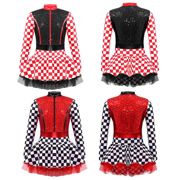 Girls Racer Racing Driver Costume Checkerboard Printed Sequin ...