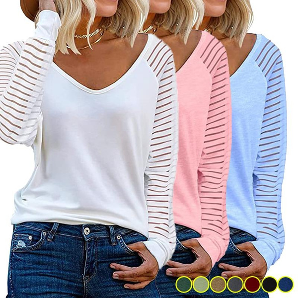 Women's Casual T-Shirt V-Neck Striped Long Sleeve Tops Basic Solid ...