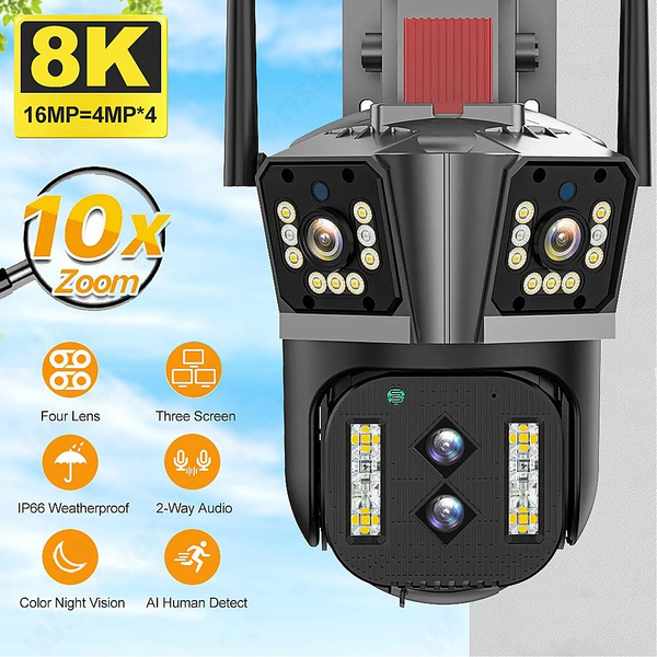 16MP 8K WiFi IP Camera 10X Zoom 4K Outdoor Security Camera Surveillance AI Track Four Lens Three ...