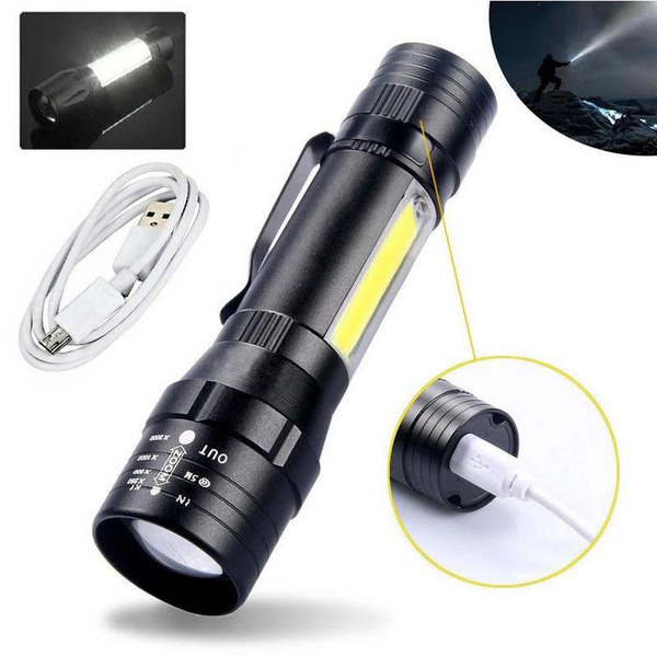 Portable COB LED Tactical USB Rechargeable Zoomable Flashlight Plastics ...