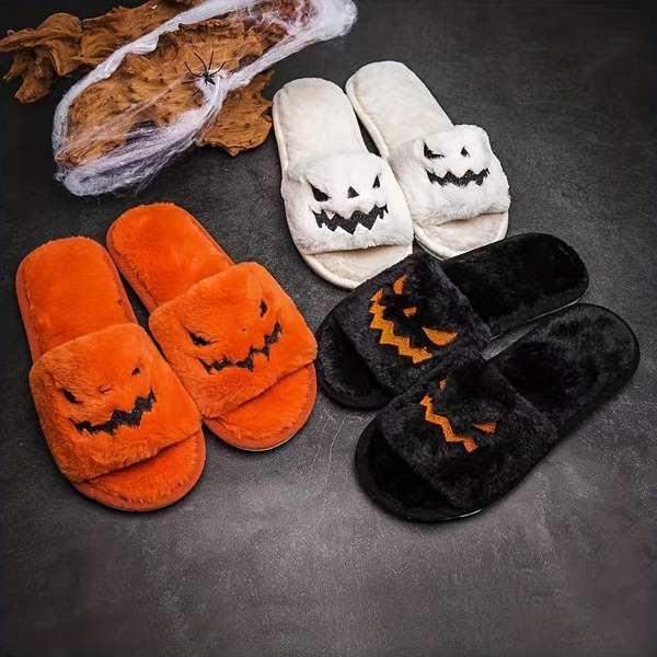 Halloween Ghost Face Fuzzy Slippers Open Toe Single Band Fluffy Bedroom ...