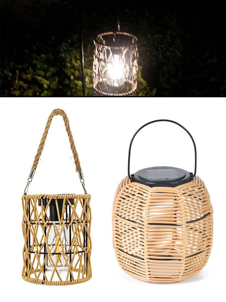 Outdoor Solar Lantern Hanging Lights Natural Rattan Solar Lantern with ...