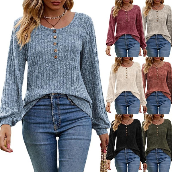 Womens Elegant Soft Long Sleeve Round Neck Button Pullover Tops ...