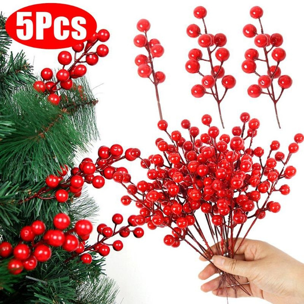 5pcs 7/12/14/30Head Artificial Red Berries Stems Christmas Wreath ...