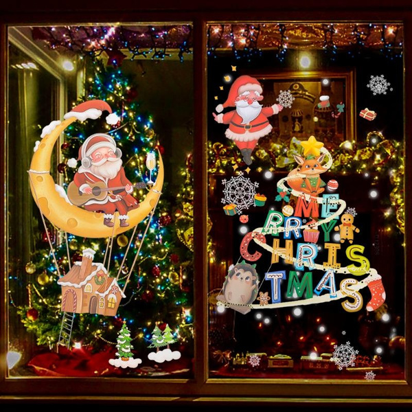 Cartoon Christmas Window Sticker Noel Glass Wall Decor Xmas Tree Santa ...