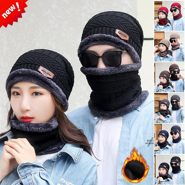 New Fashion Winter Warm Knitted Beanies & Scarvies Set for Men and Women Windproof Fleece Lined ...