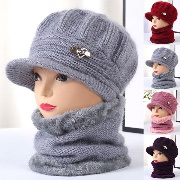 Womens Winter Knit Hat and Scarf Set Warm Plush Lined Ski Hat Scarves ...