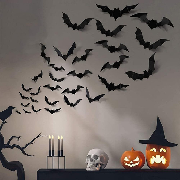 60/120pcs Hallween Decorations Bats Wall Decor Realistic PVC 3D Black ...
