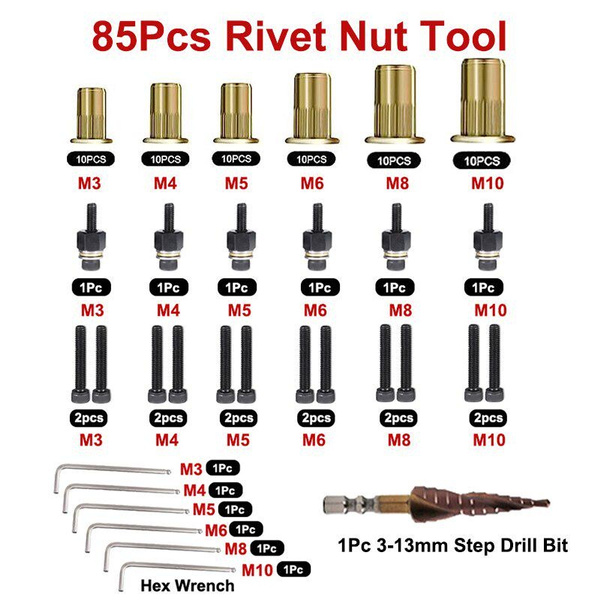 85Pcs Rivets Nut Tool,Carbon Steel Rivuts Flat Head Knurled Inserts Kit ...