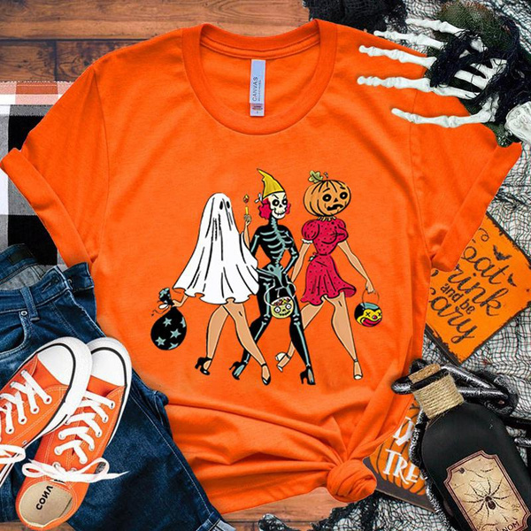 Summer Fashion Trick Or Treat Halloween Boo Pumpkin Skeleton Print T Shirt Women Graphic Hot ...