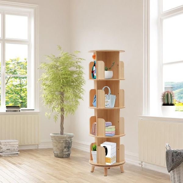 4-Tier 360° Degree Rotating Swivel Bookshelf Display Shelf Pine Wood ...